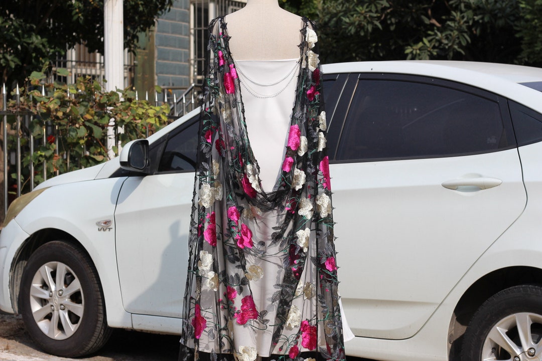 Black Tulle Red Rose Embroidered Flower Cape,bridal Cape Veil,floral ...