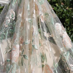 Floral Embroidered Wedding Veil, Pastel Pink Flowers, Green Leaves - Etsy