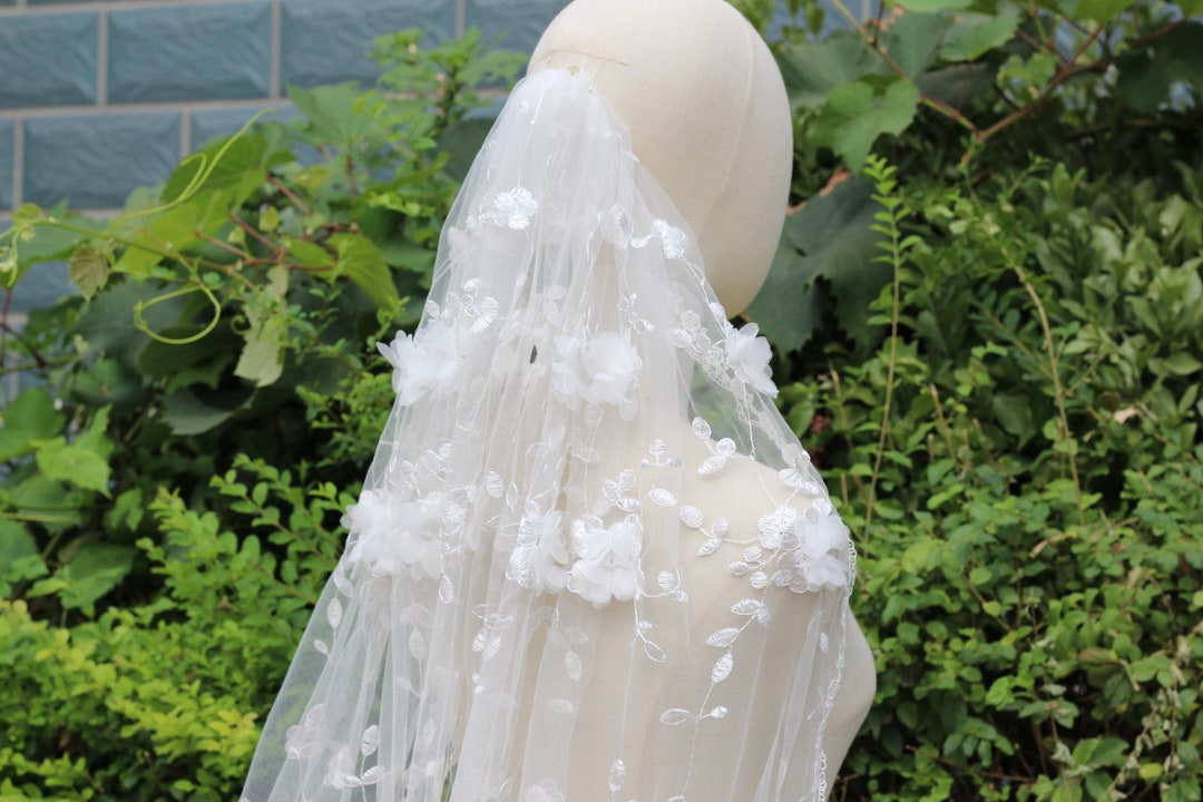 White Flower Veil,3d Embroidered Flower Veil,floral Wedding Veil,floral ...