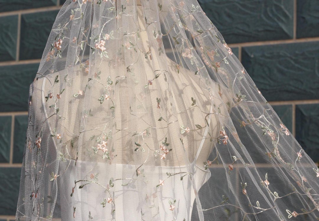Peachy Pink Blush Unique Bridal Veil With Flowers Embroidered ...