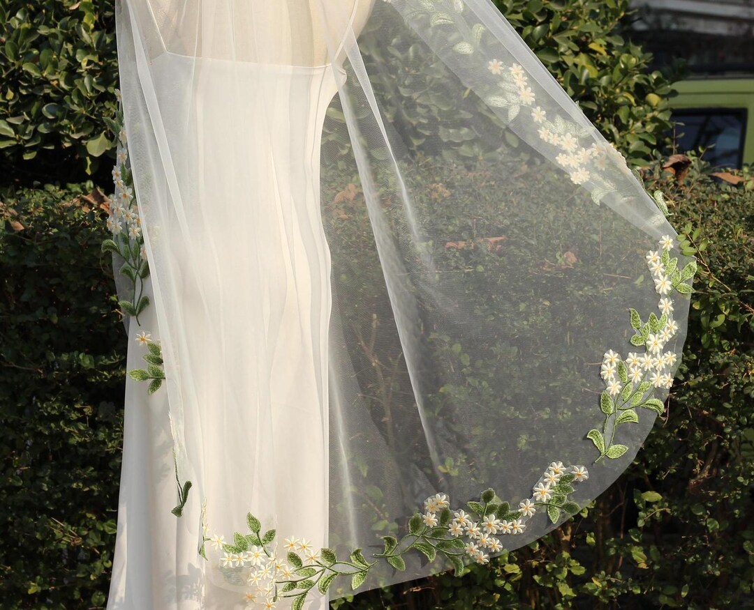 Leaves Greenery Wedding Veil,boho Floral Bridal Veil,leaf Embroidery Wedding Veil,green ...