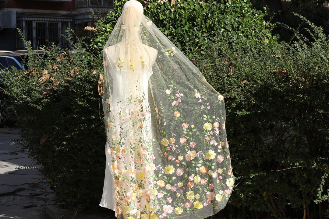 Wild Flower Vail,handmade Veil,colorful Embroidered Veil,yellow Flower ...