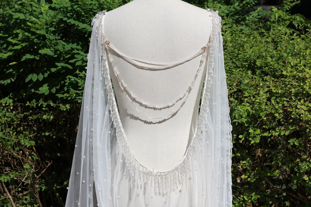 Pearl Bridal Drape Cape Veil With Back Necklace,long Bridal Cape,pearl ...