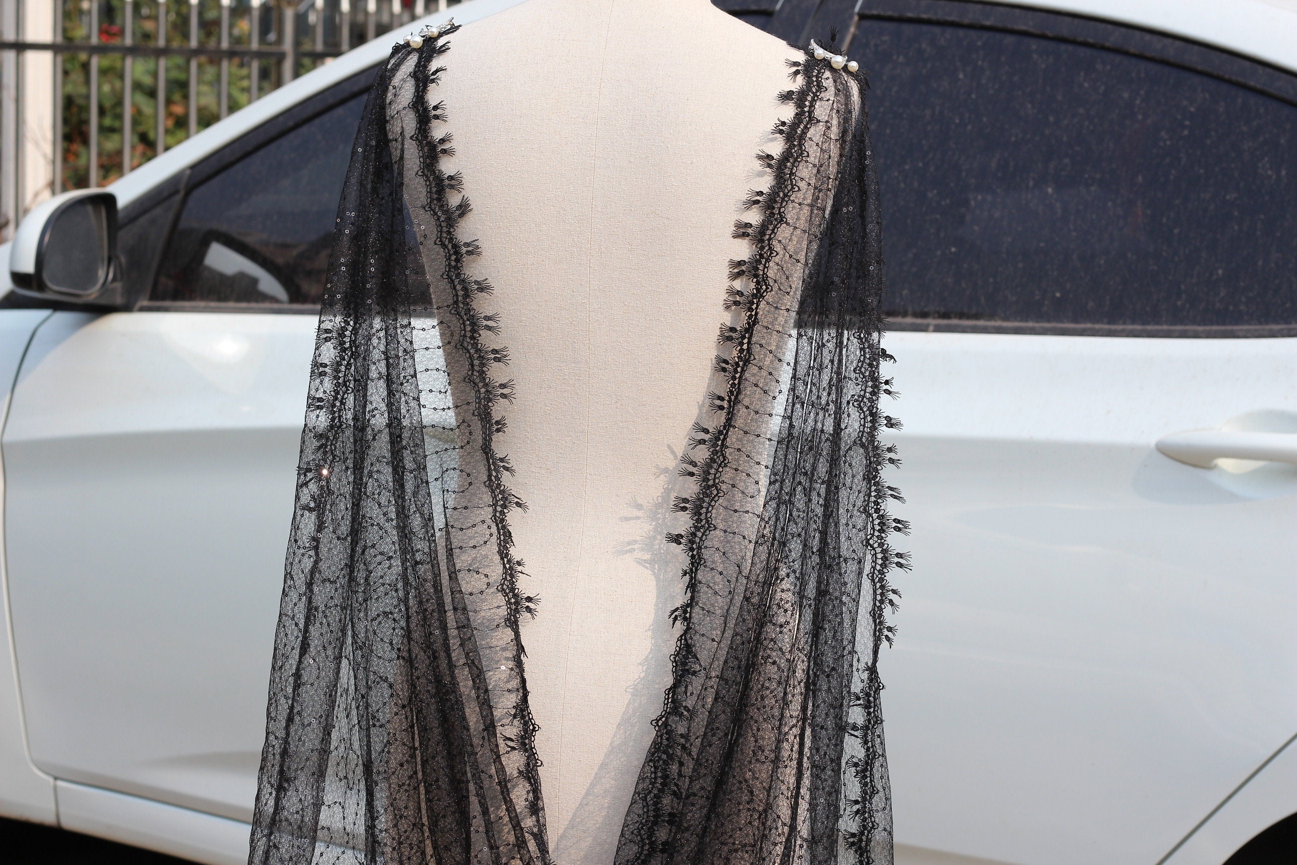 Black Wedding Cape,sparkle Sequined Veil,sparkly Black Draped Cape ...