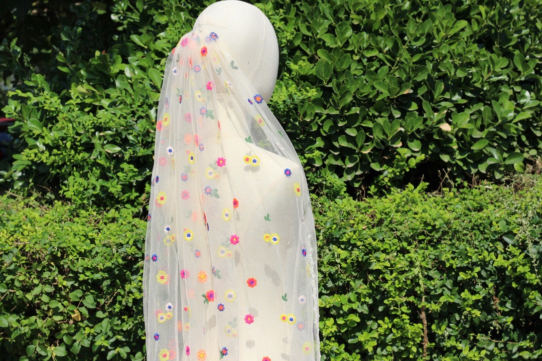 Floral Embroidered Wedding Veil - Colorful Flower Bridal Veil With Lace ...