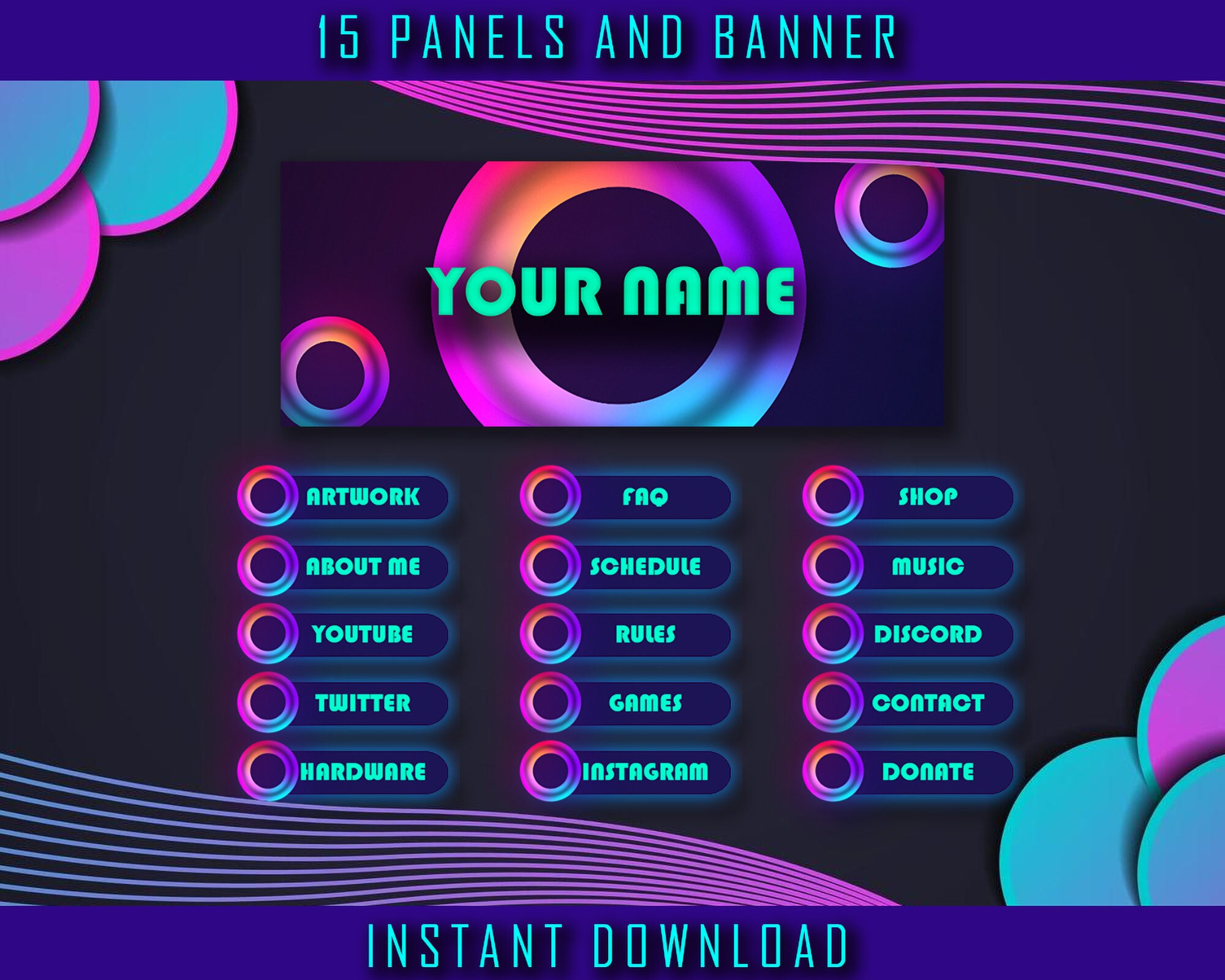 Twitch Stream Banner and 15 Panels neon Circle Light Color Simple - Etsy