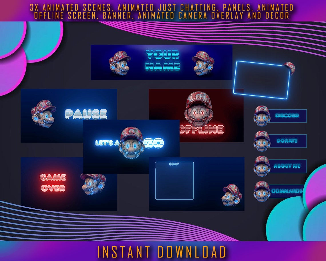 ROBO MARIO Animated Twitch Stream Overlay Bundle Set Super Neon Scene ...