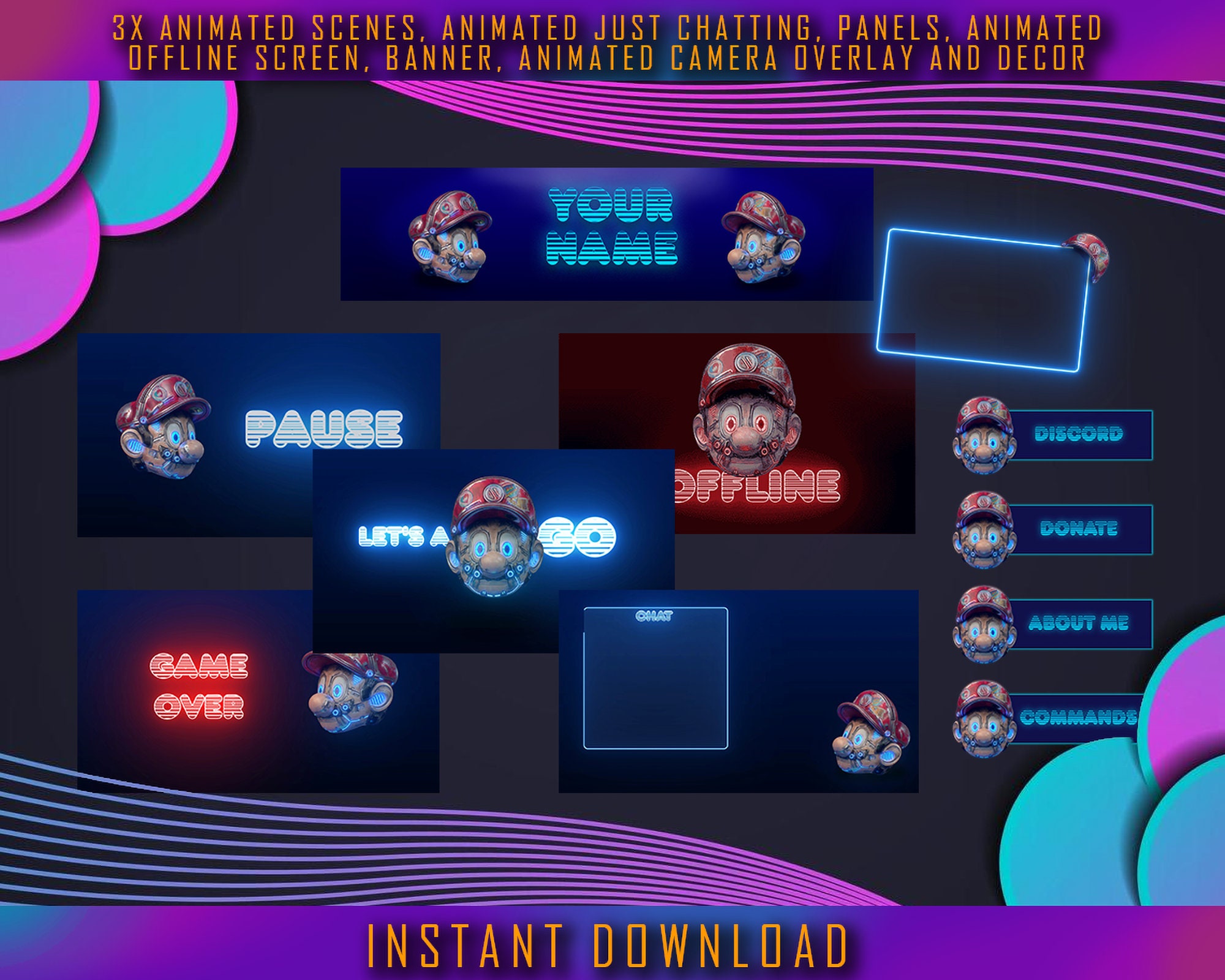 ROBO MARIO Animated Twitch Stream Overlay Bundle Set Super Neon Scene ...