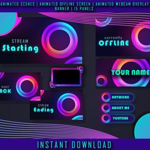 Neon Circle Twitch Stream Overlay Set Bundle Panels Banner | Etsy