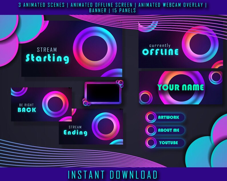 Neon Circle Twitch Stream Overlay Set Bundle Panels Banner | Etsy