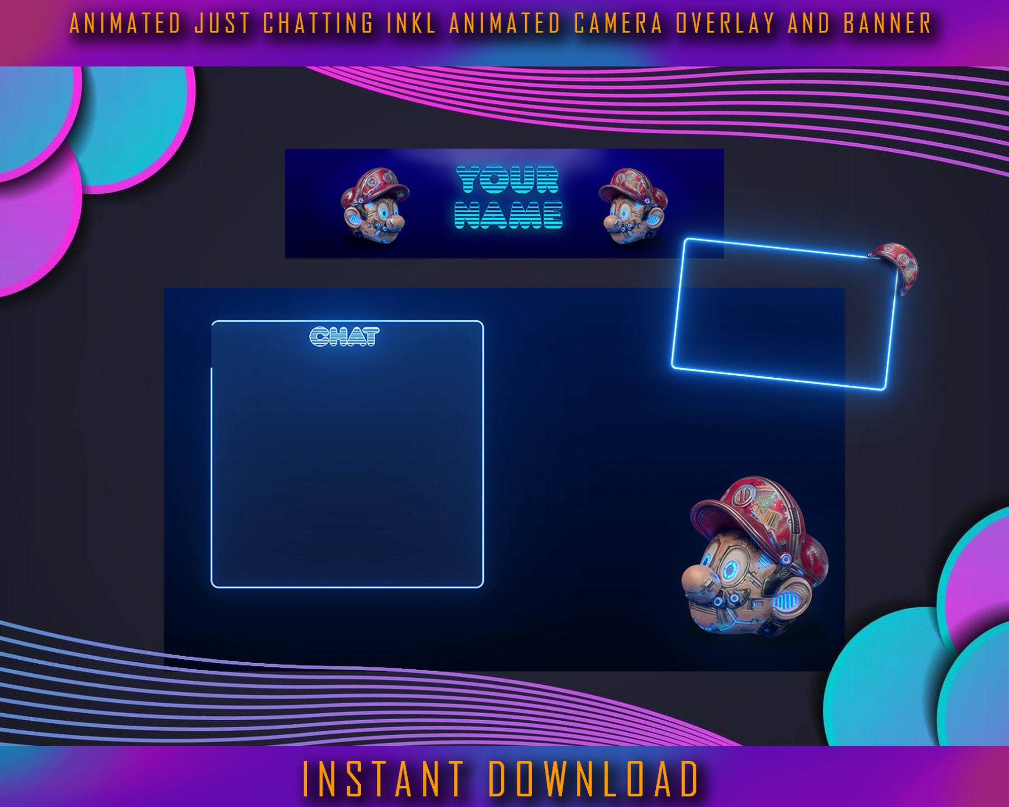 ROBO MARIO Animated Twitch Stream Overlay Bundle Set Super Neon Scene ...