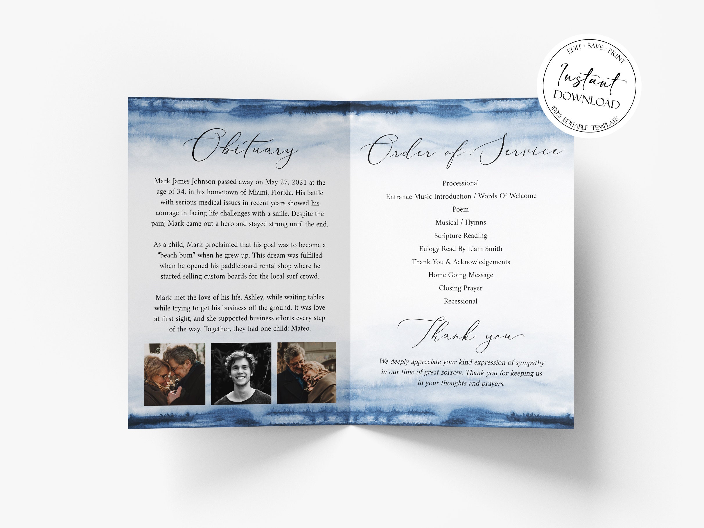 Celebration of Life Blue Watercolor Funeral Program, Memorial Program ...