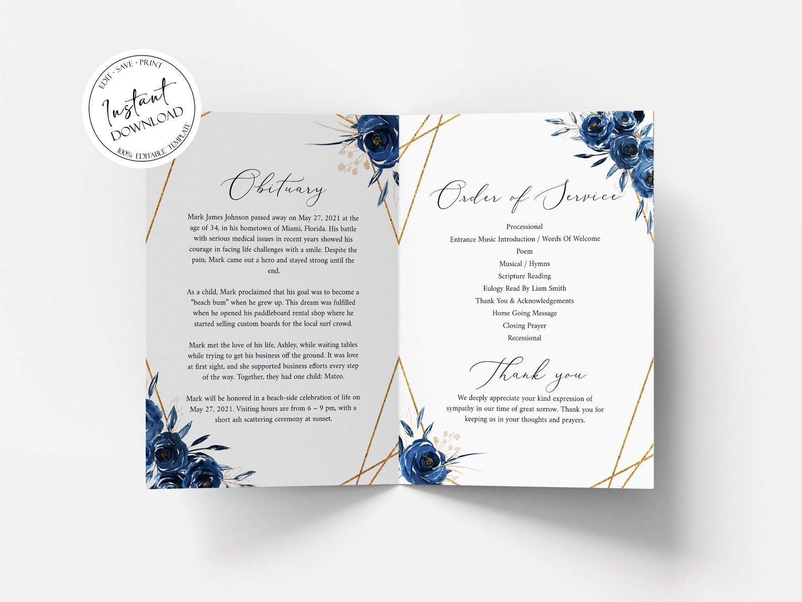 11x17 Royal Blue Funeral Program Template Blue Funeral - Etsy