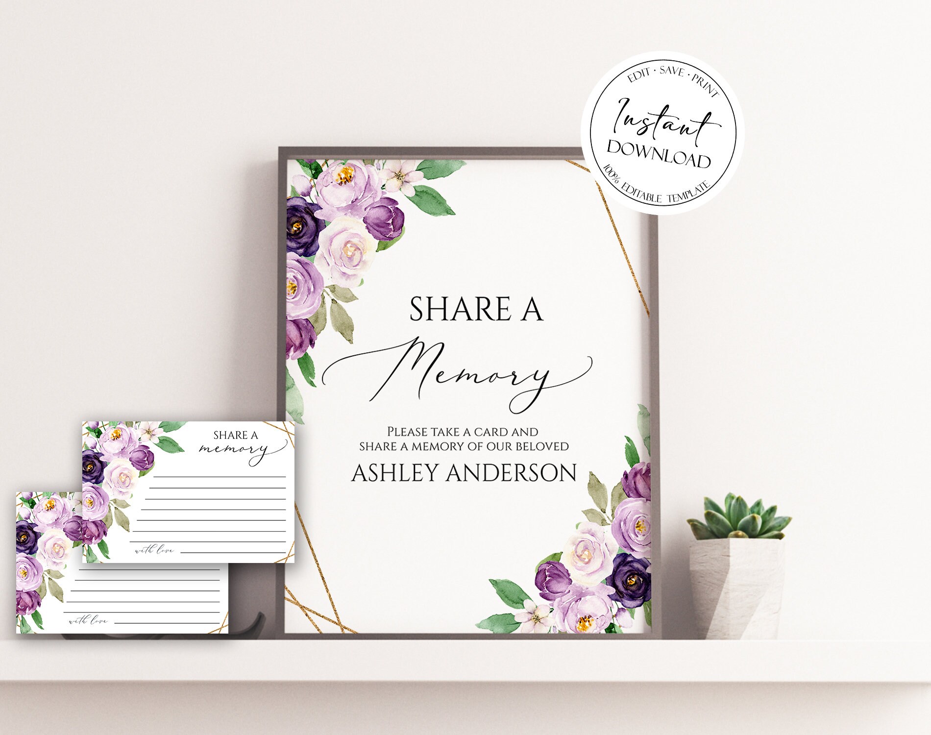 Share a Memory Funeral Sign, Share a Memory Card, Purple Funeral Memory ...