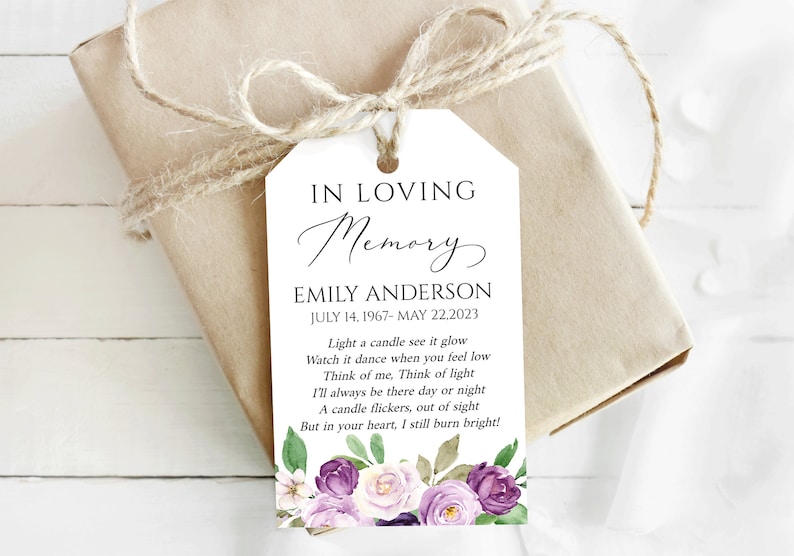 Celebration of Life Purple Funeral Favor Tag Template | Etsy