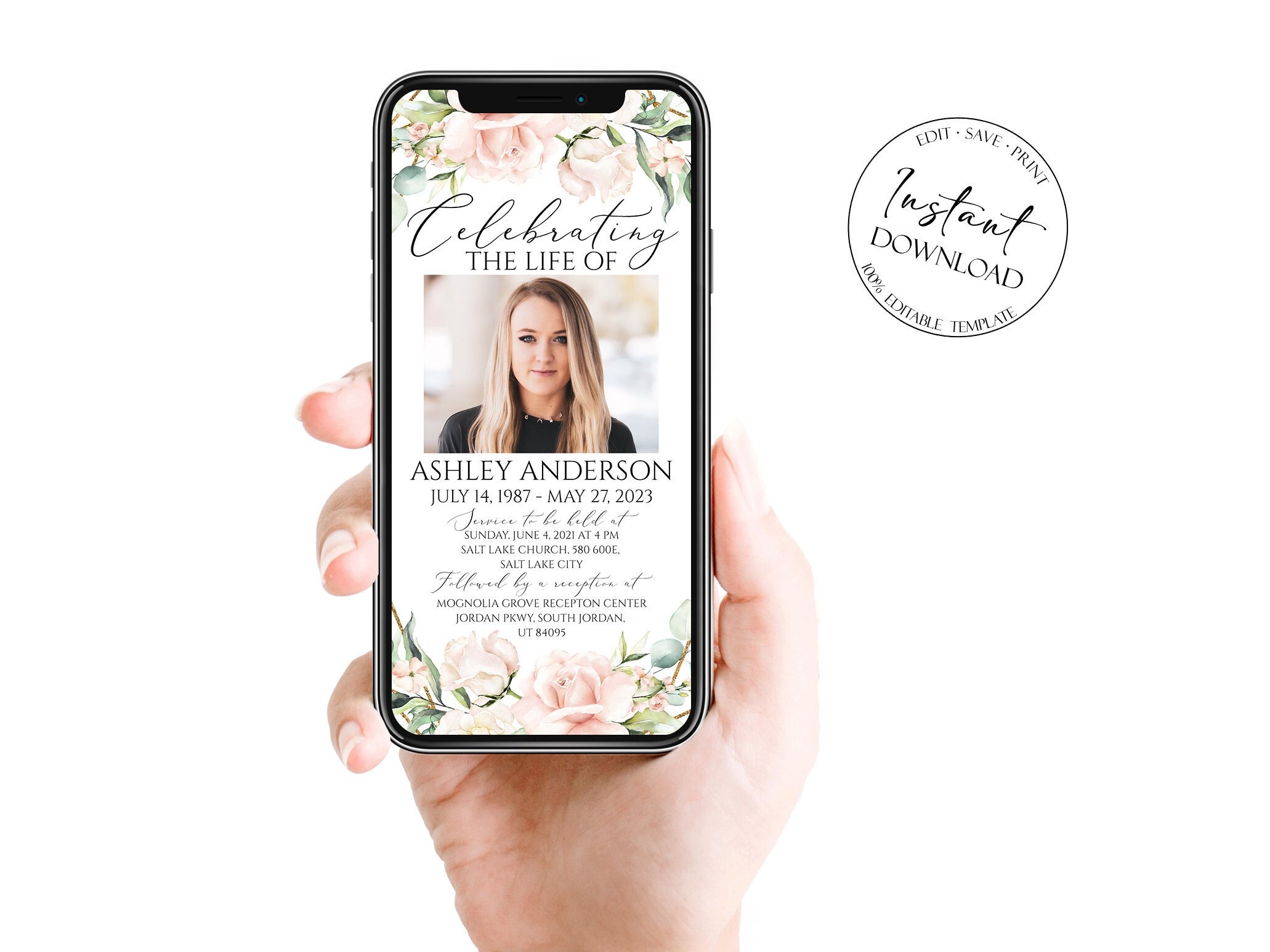 Digital Funeral Invitation, Blush Funeral Announcement, Memorial Evite ...