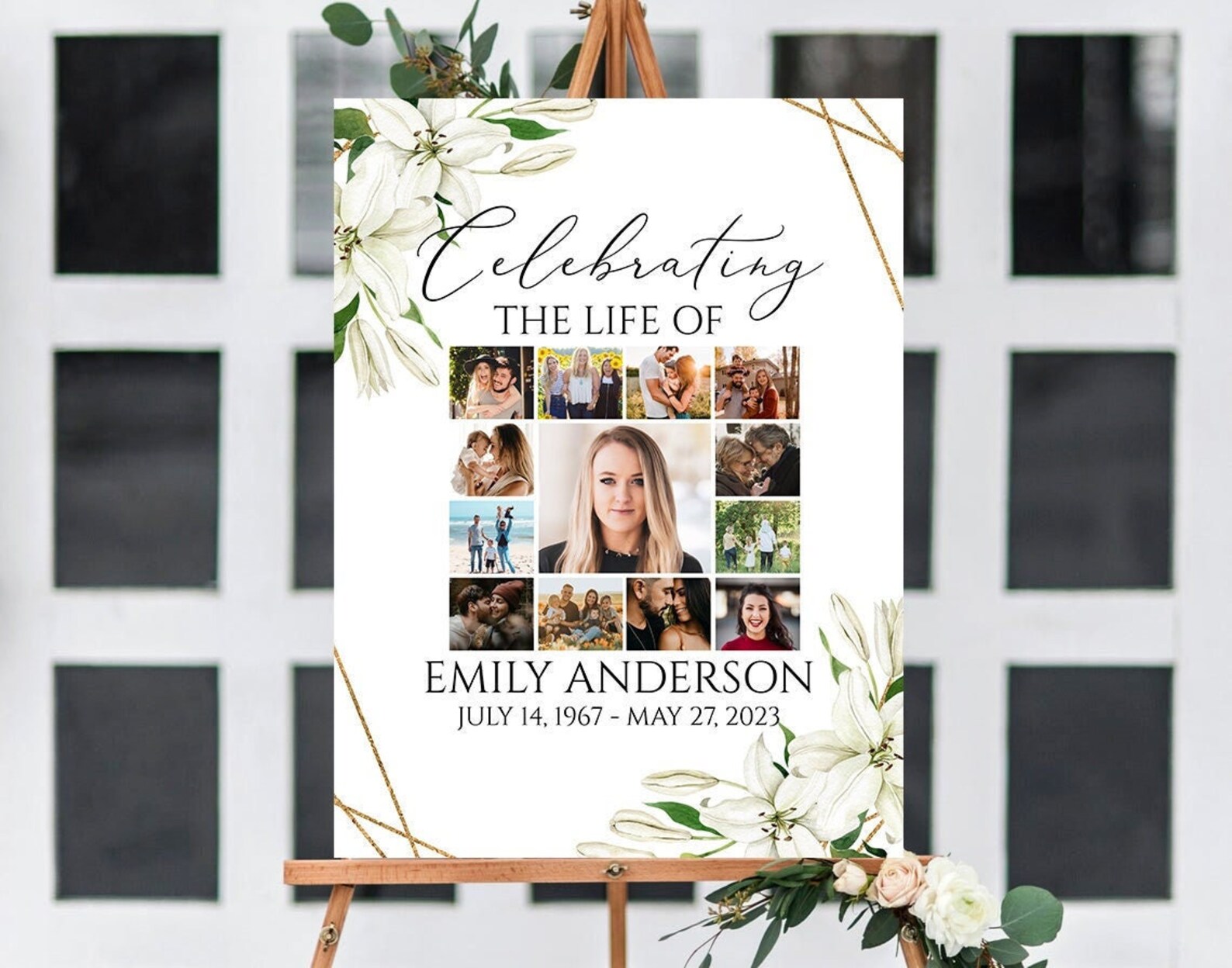Celebration of Life Photos Collage Funeral Welcome Sign, White Lilies ...