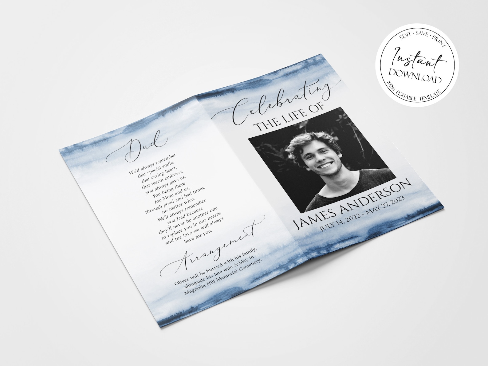 Celebration of Life Blue Watercolor Funeral Program, Memorial Program ...