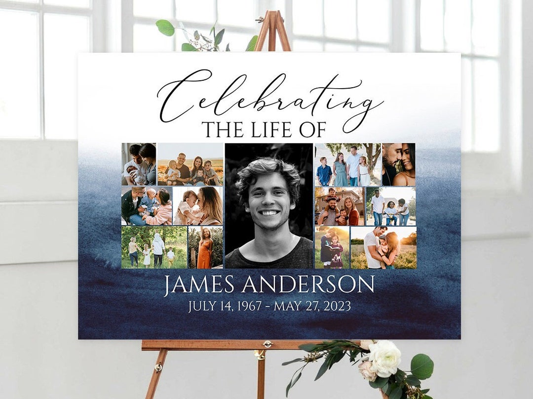 Celebration of Life Multiple Photos Funeral Welcome Sign, Blue ...