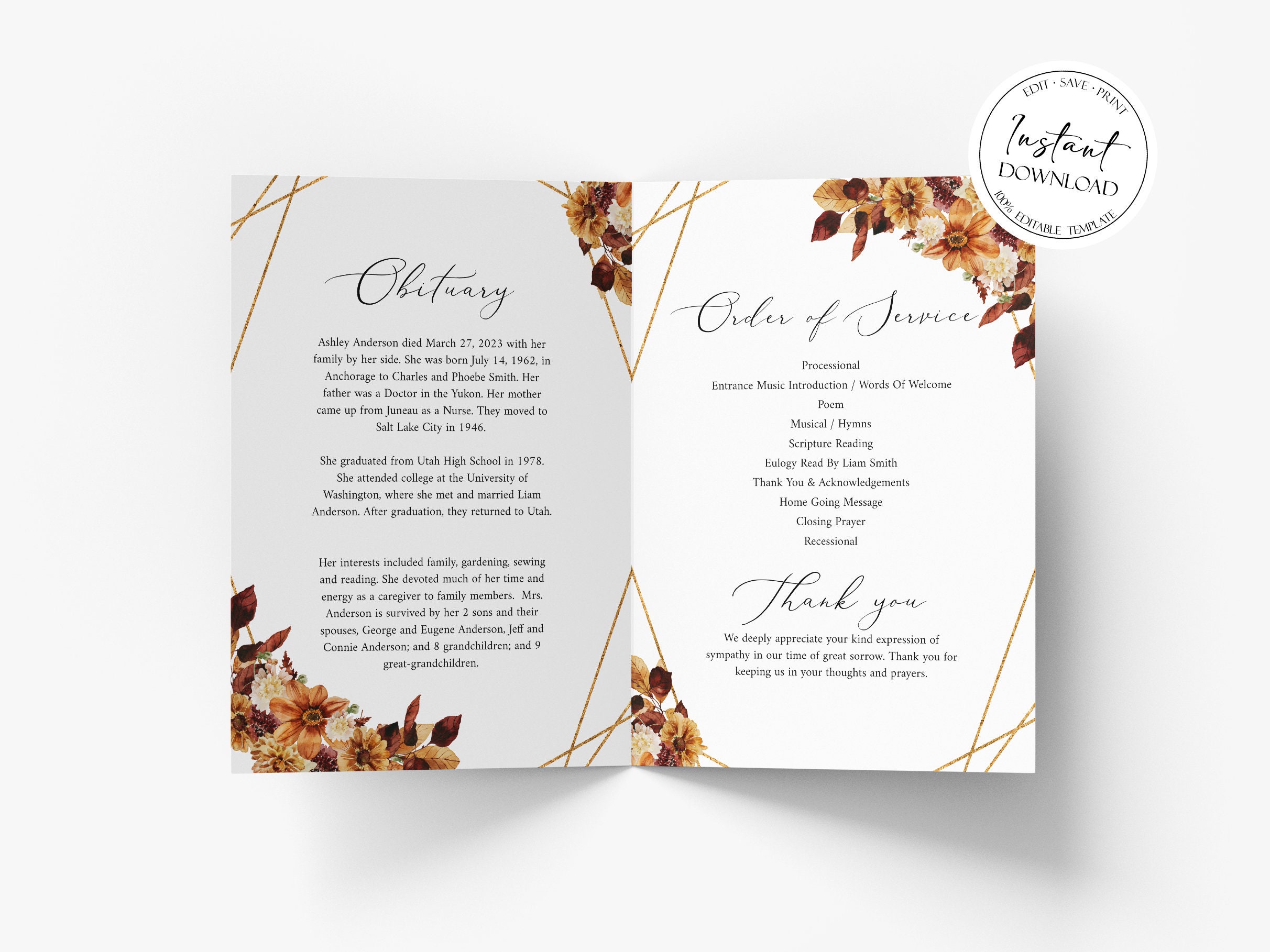Celebration of Life Funeral Program, Fall Funeral Program Template ...