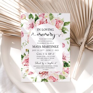 Blush Pink Peony Greenery Funeral Invitation, Funeral Announcement ...