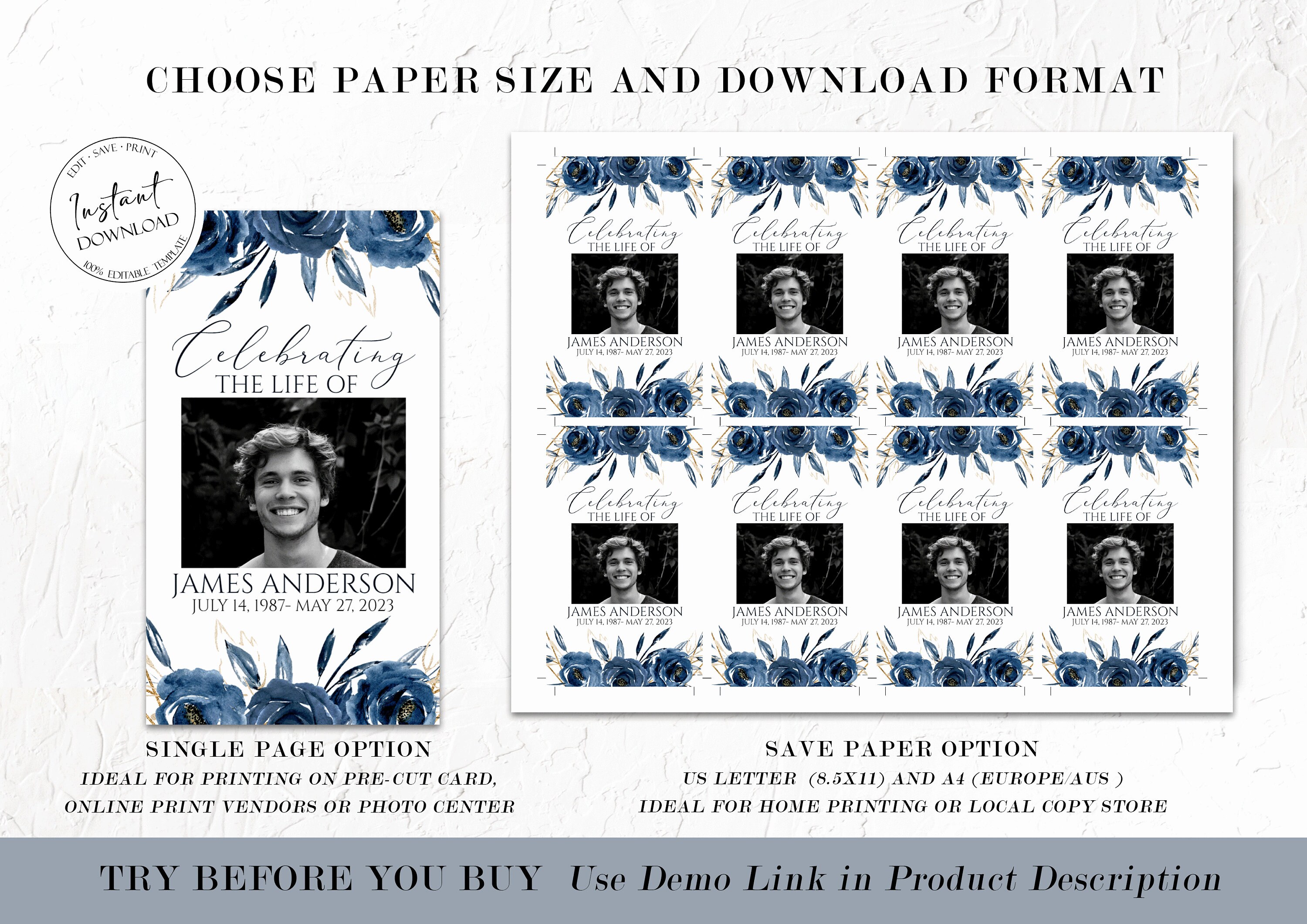 Royal Blue Funeral Prayer Card Printable Royal Blue Memorial | Etsy