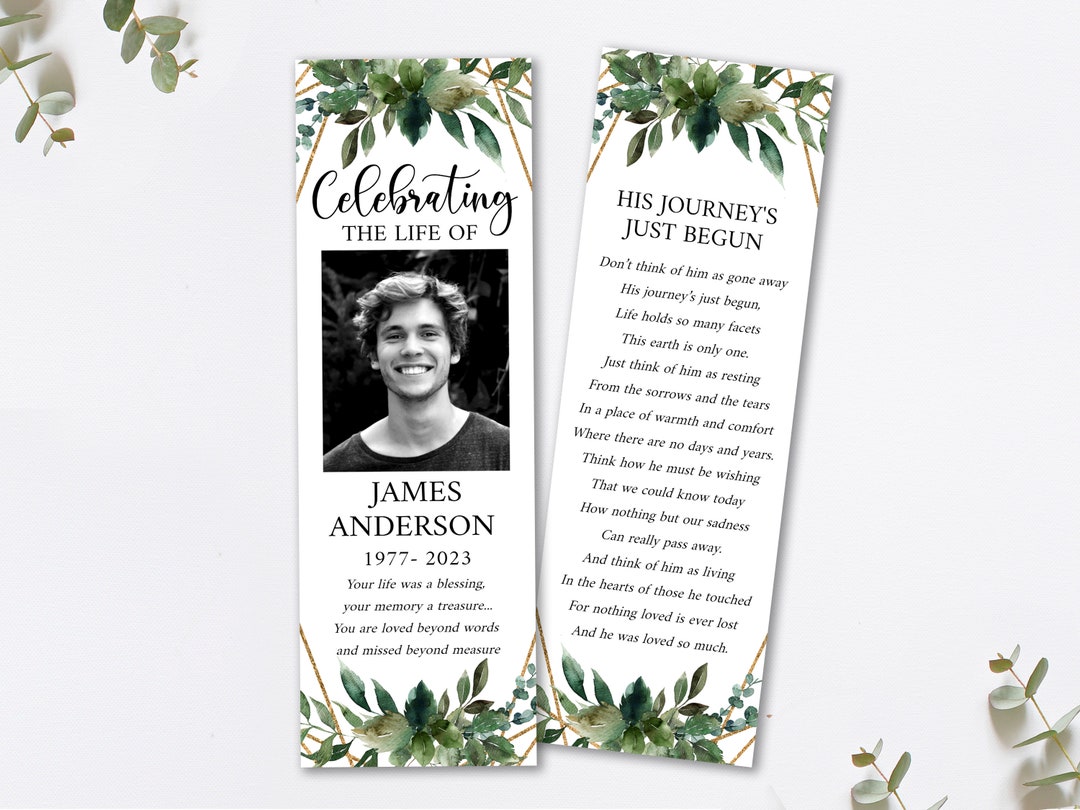 Greenery Gold Funeral Bookmark Template, Celebration of Life Bookmark ...