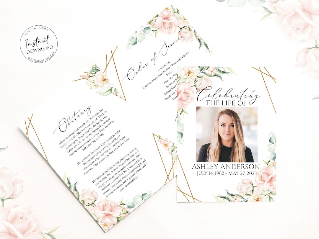 11x17 Blush Pink Roses Funeral Program Template, Celebration of Life ...