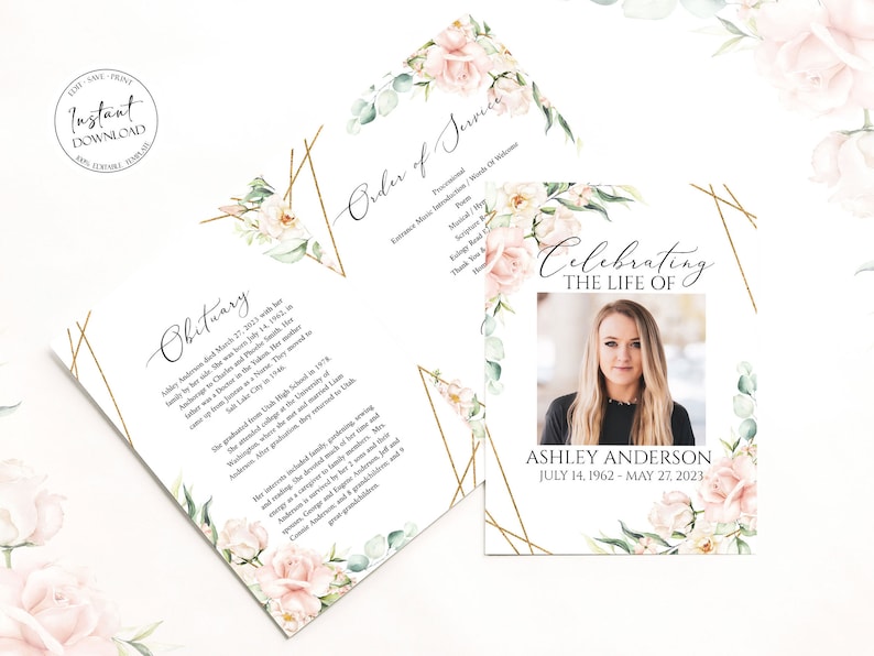 11x17 Blush Pink Roses Funeral Program Template Celebration - Etsy