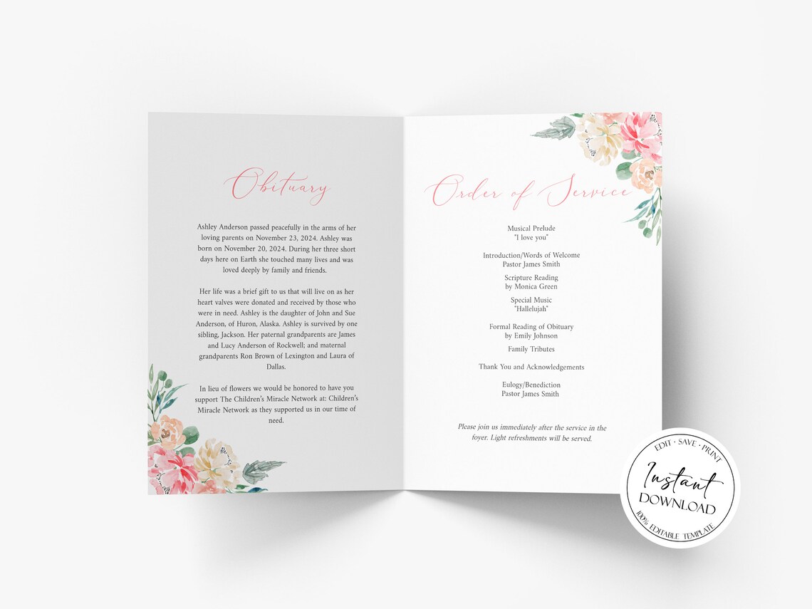Baby Funeral Program Funeral Service Program Template for - Etsy