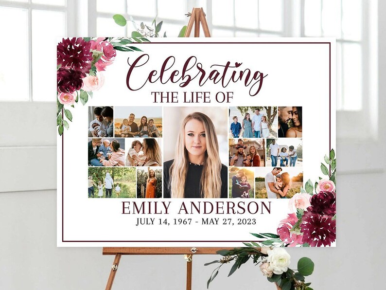 Celebration of Life Multiple Photos Funeral Welcome Sign, Editable Red ...