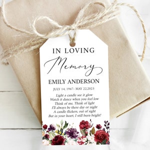 Red Roses Funeral Favor Tag Template, Memorial Candle Favor Tag, Red ...