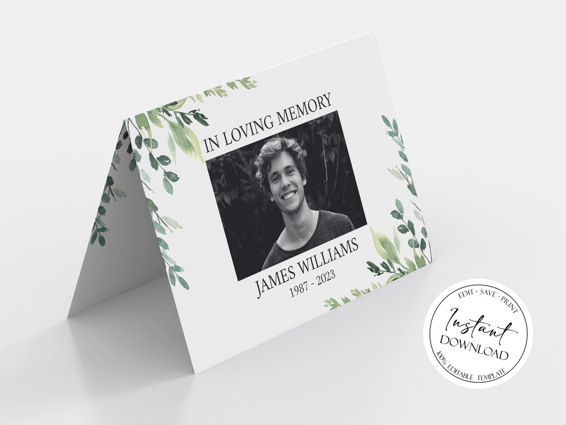 Greenery Funeral Thank You Card, Celebration of Life Funeral Photo ...