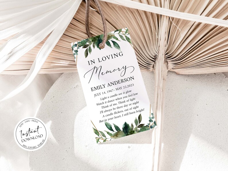 Greenery Gold Funeral Favor Tag Template Memorial Candle Favor - Etsy