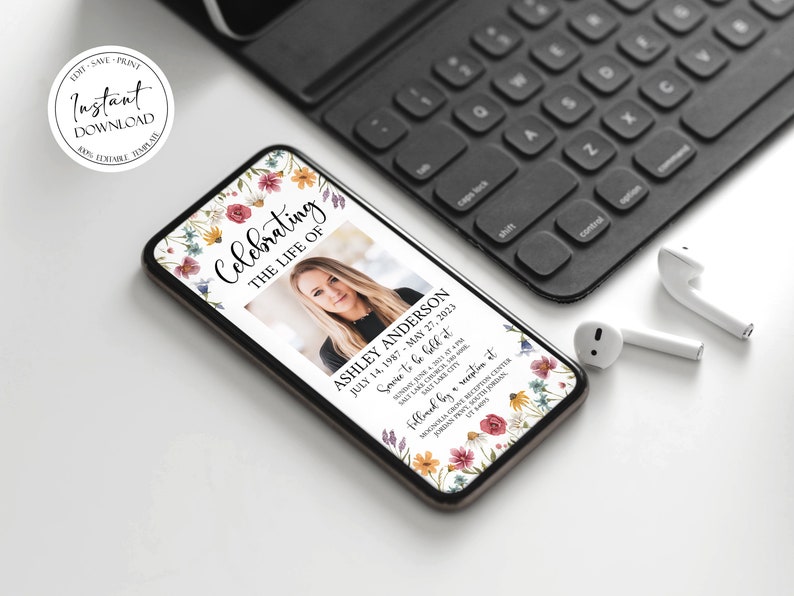 Wildflower Digital Funeral Invitation, Garden Flower Memorial Evite ...