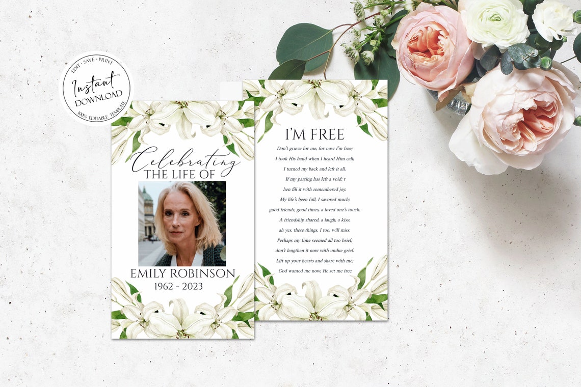 White Lilies Funeral Prayer Card Memorial Prayer Card - Etsy