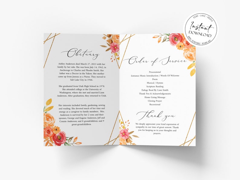 Celebration of Life Funeral Program Fall Funeral Program - Etsy