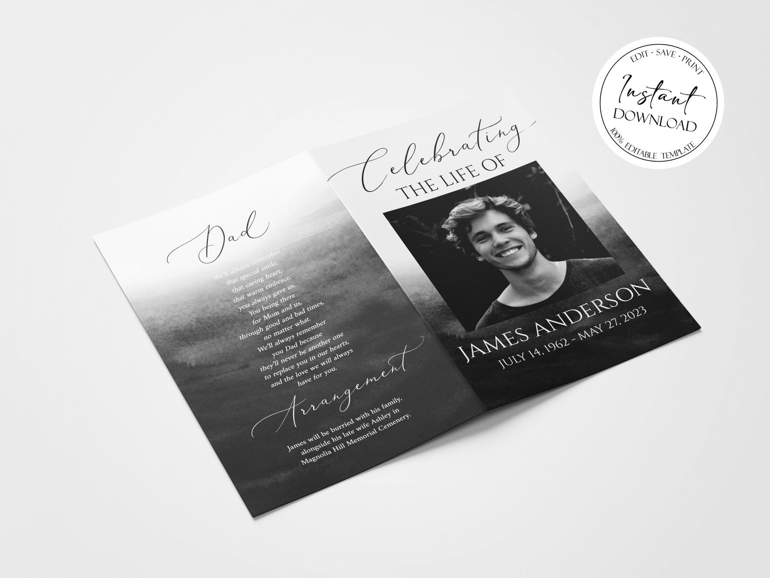 Celebration of Life Black Funeral Program, Black Watercolor Funeral ...