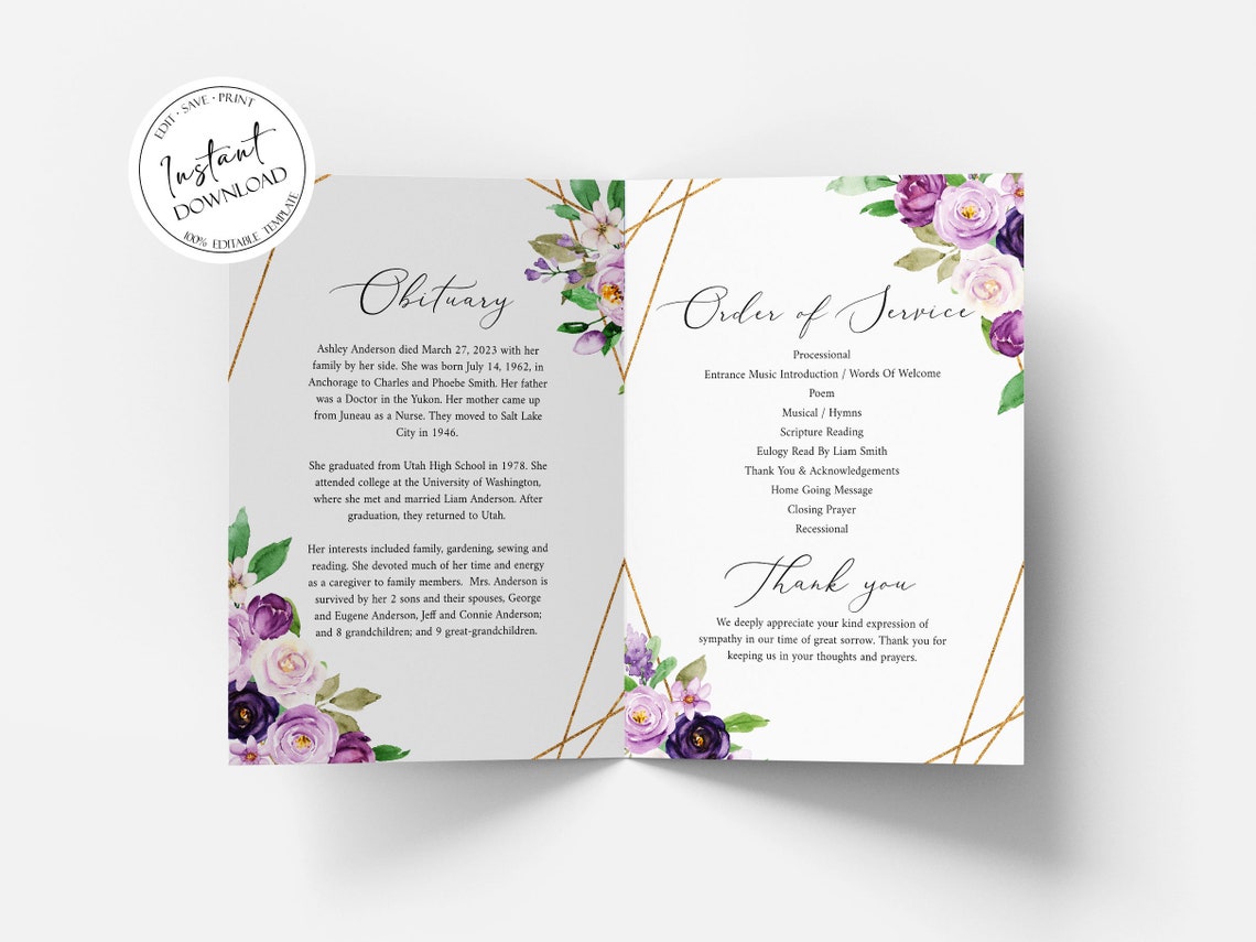 Celebration of Life Purple Funeral Program Template, Floral Purple ...
