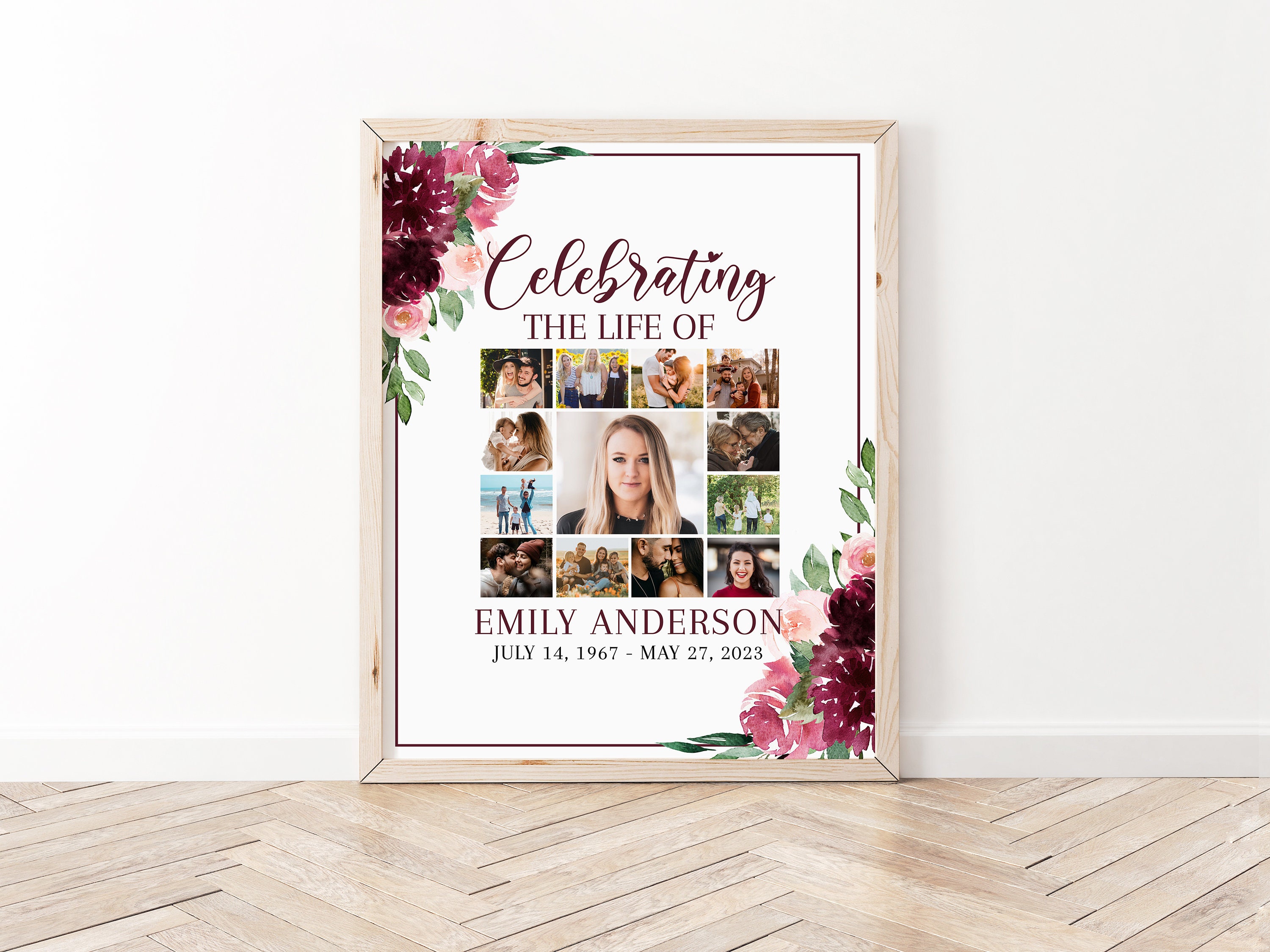 Celebration of Life Red Photo Collage Funeral Welcome Sign, Red Roses ...