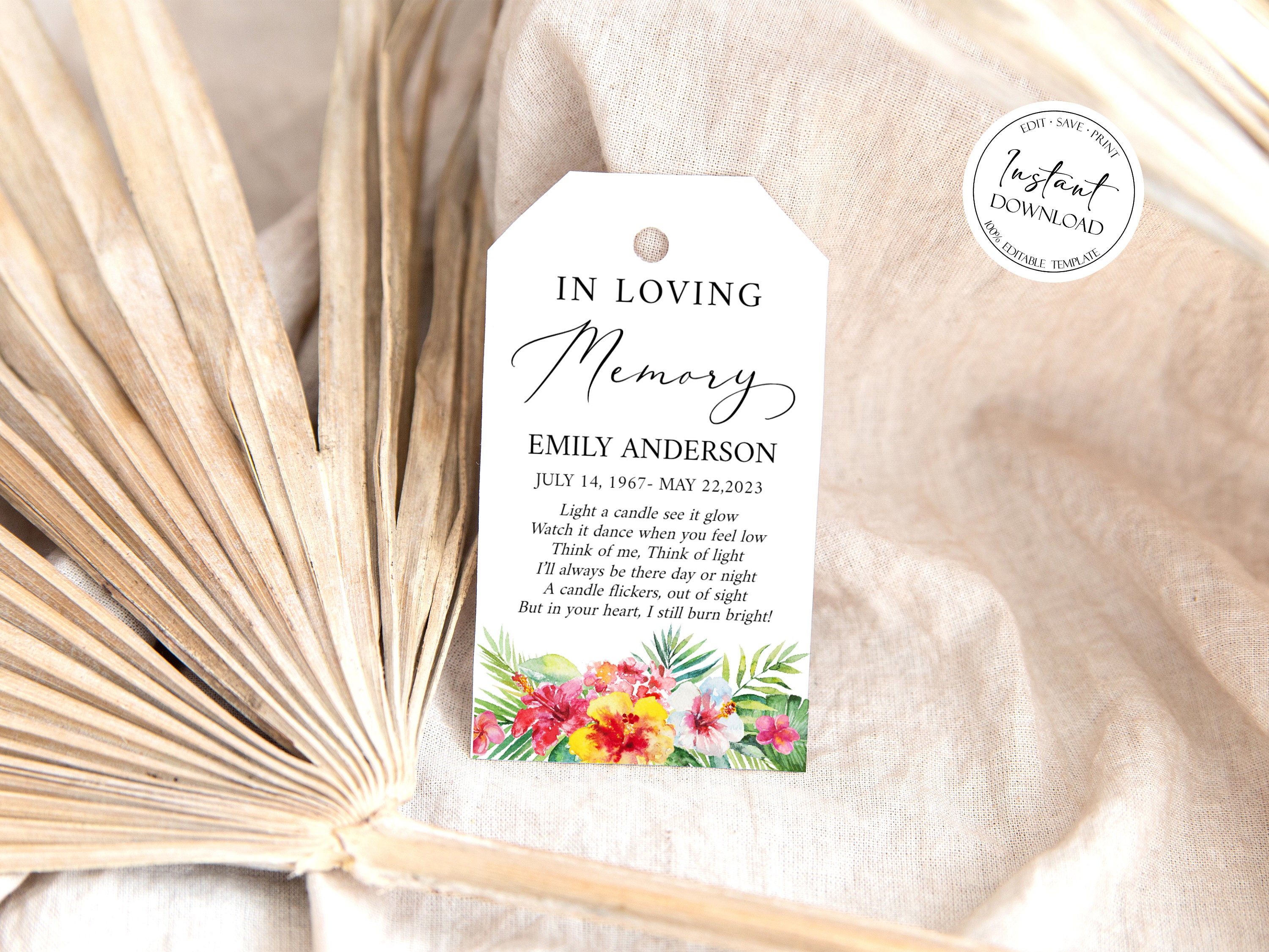 Celebration of Life Tropical Funeral Favor Tag Template - Etsy