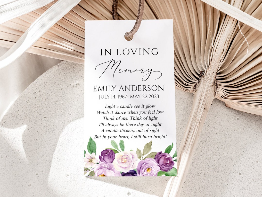 Celebration of Life Purple Funeral Favor Tag Template, Memorial Candle ...