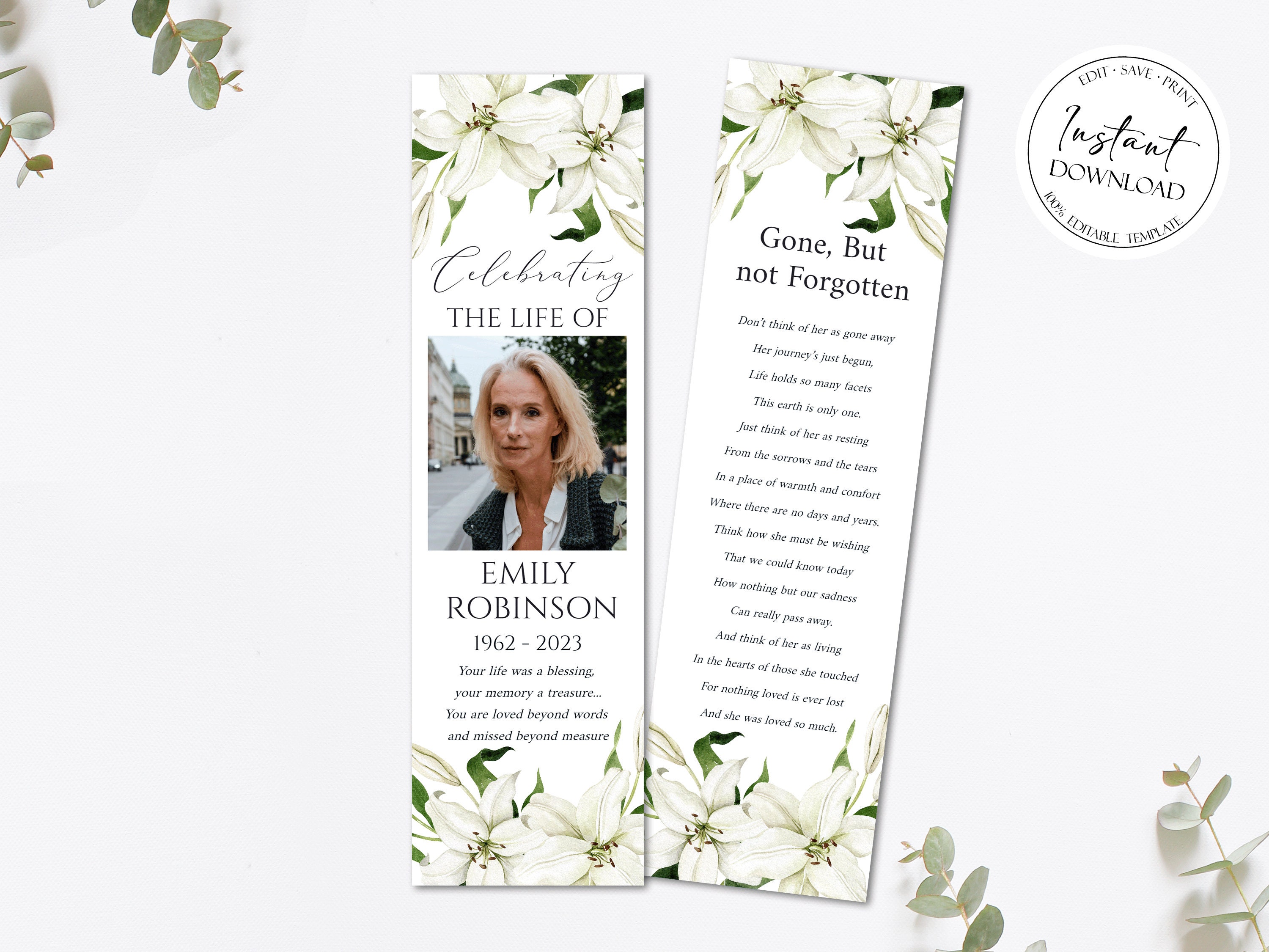 White Lilies Funeral Bookmark Template Celebration of Life - Etsy