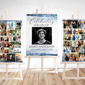 Celebration of Life Funeral Poster Blue Watercolor Photo Collage ...