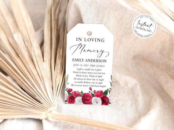 White Pink Roses Funeral Favor Tag Template Memorial Candle - Etsy