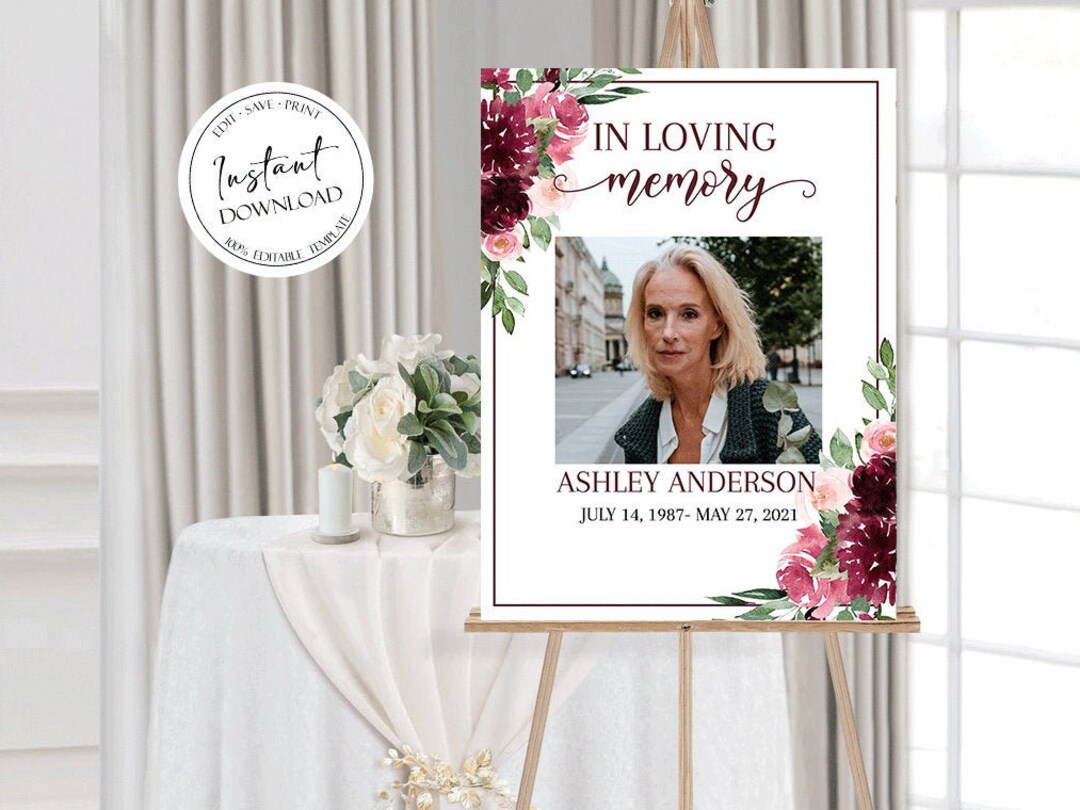 Red Roses Funeral Welcome Sign, Celebration of Life, in Loving Memory ...