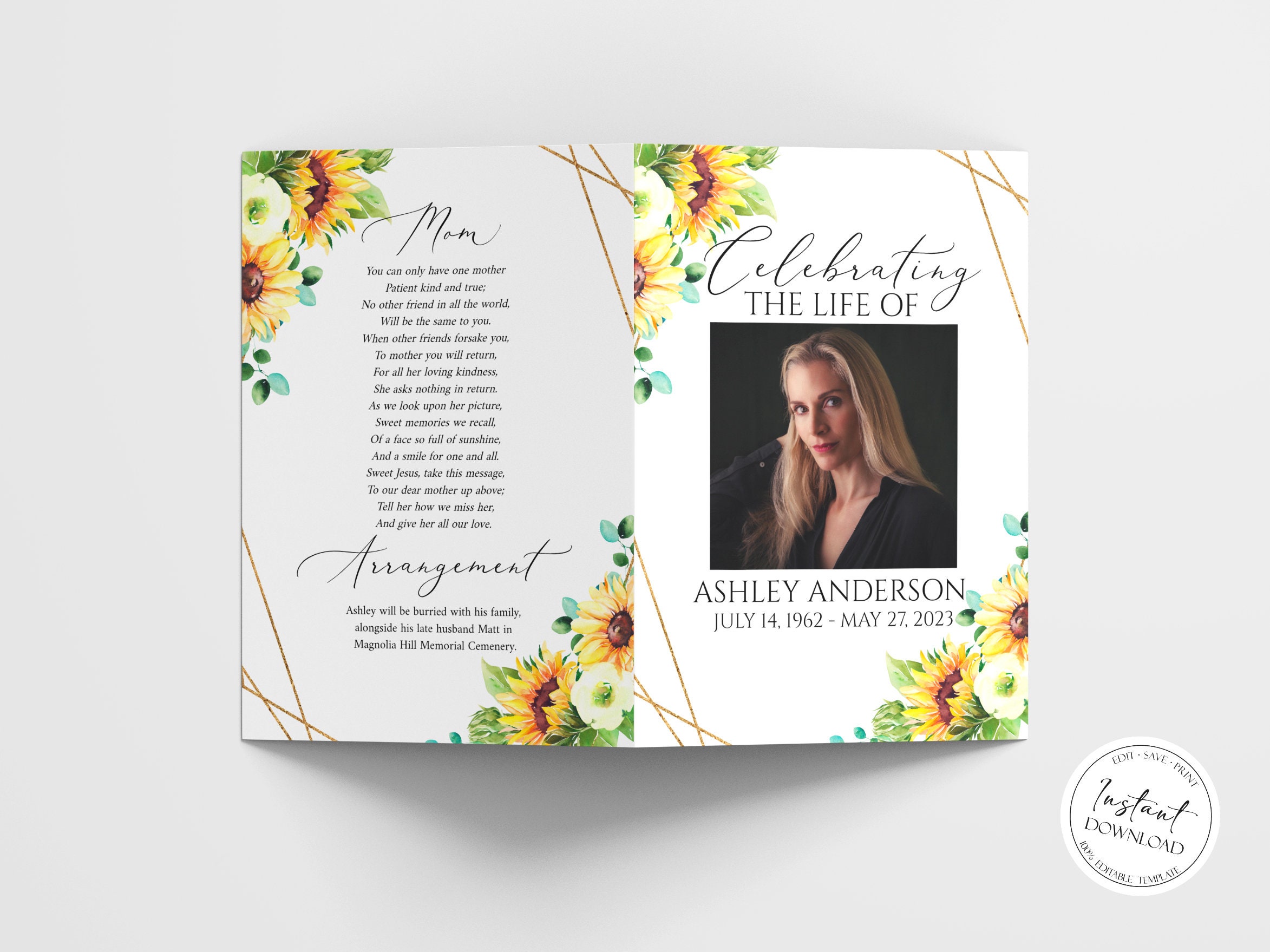 Celebration of Life Funeral Program Sunflower Funeral Program - Etsy