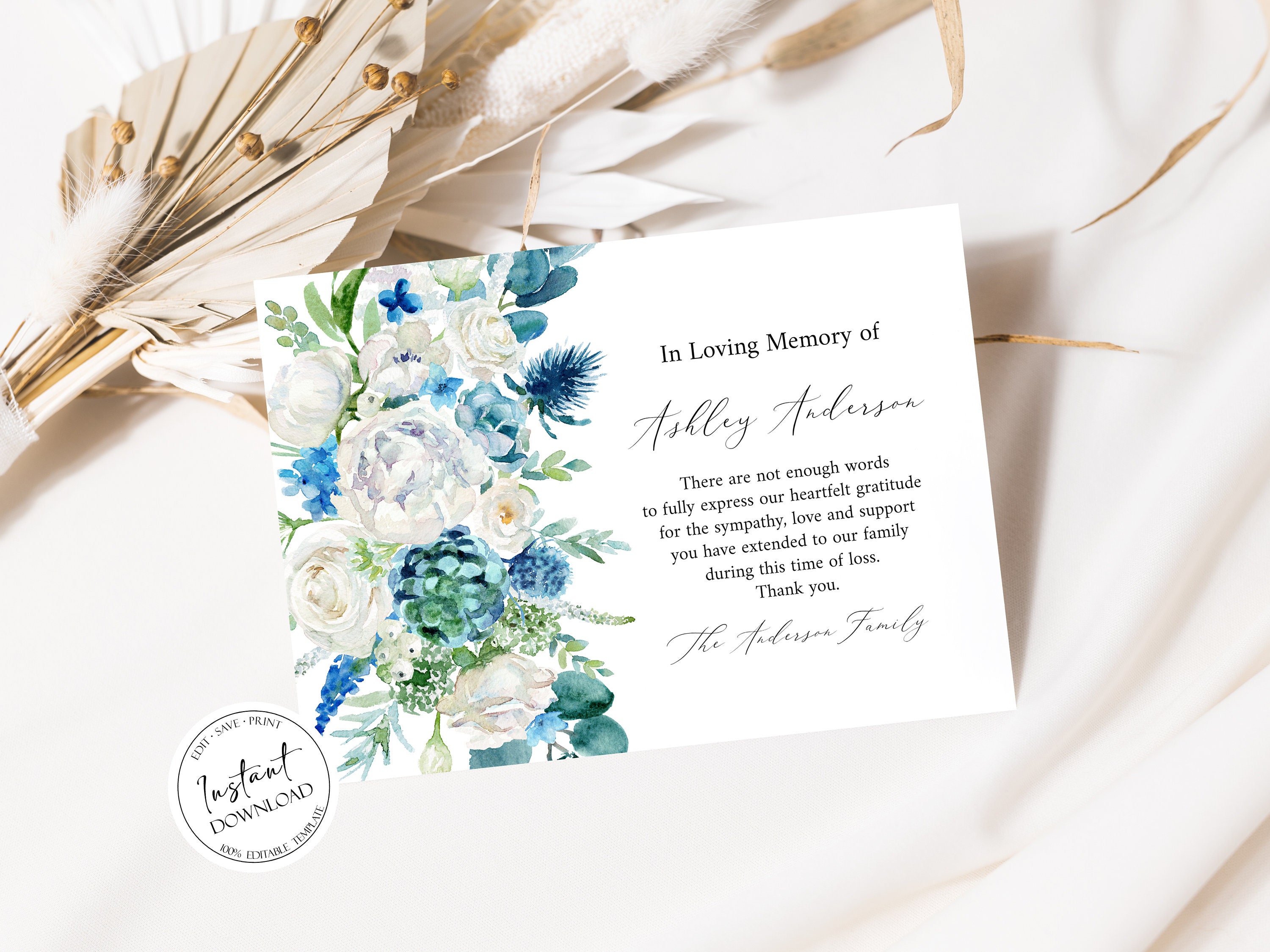 In Loving Memory of Sympathy Card Blue Flowers Funeral Thank | Etsy