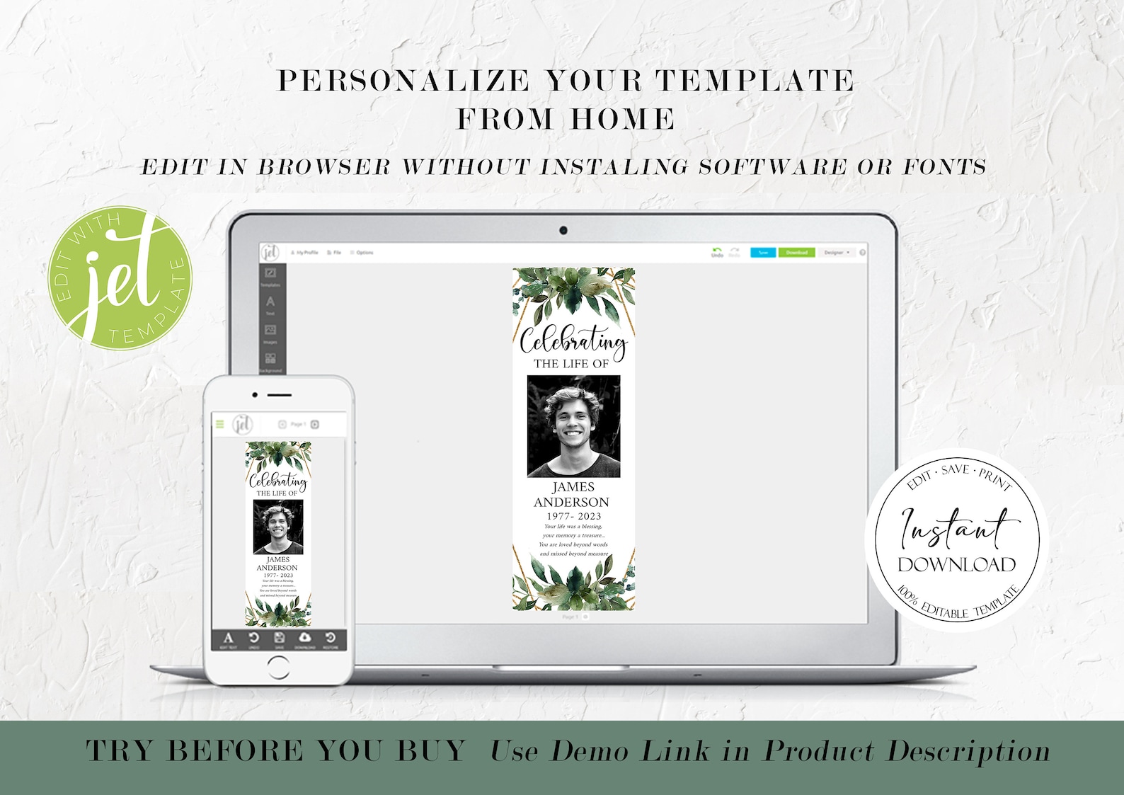 Greenery Gold Funeral Bookmark Template, Celebration of Life Bookmark ...