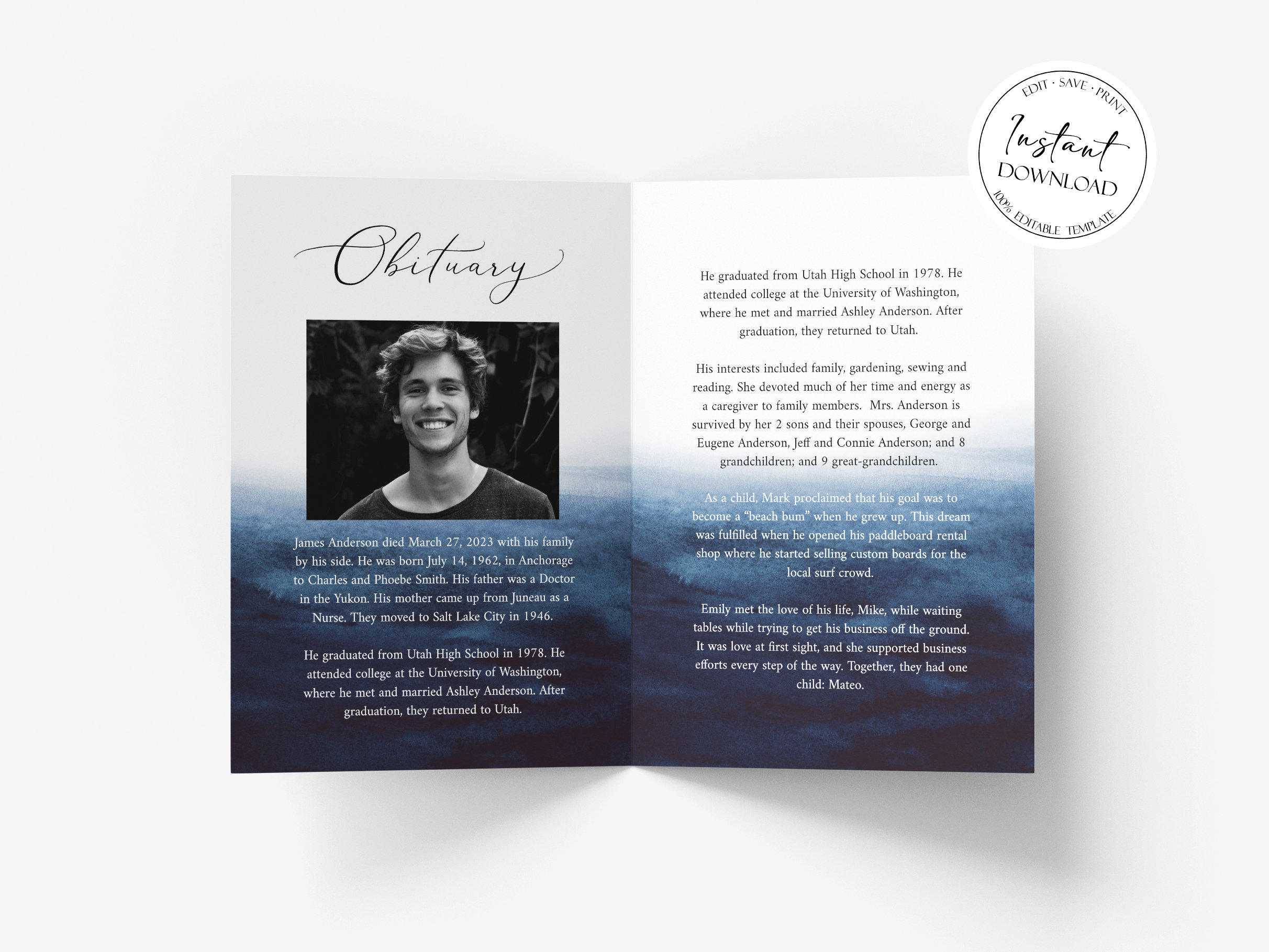 11x17 8 Page Funeral Program Template, Celebration of Life Program Blue ...